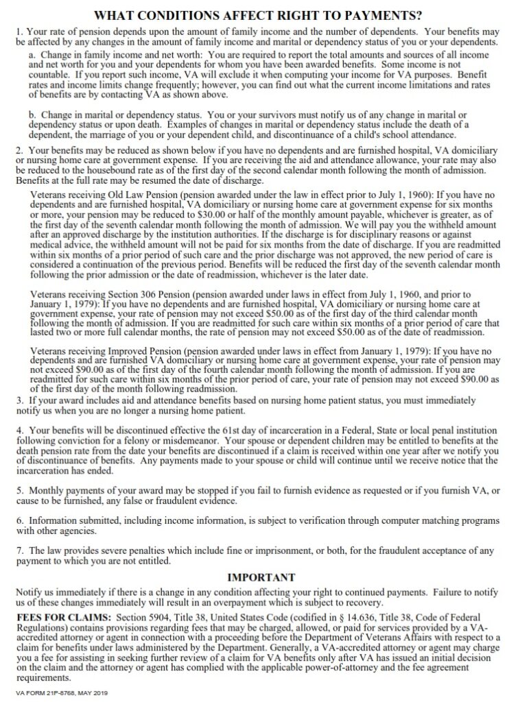 VA Form 21P-8768 – Disability Pension Award Attachment - VA Forms