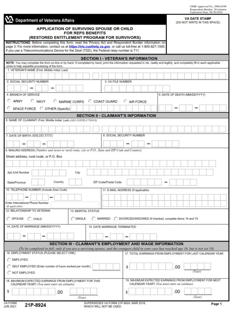 VA Form 21P 8924 Application Of Surviving Spouse Or Child For REPS VA Form 21P 8924 Application Of Surviving Spouse Or Child For REPS