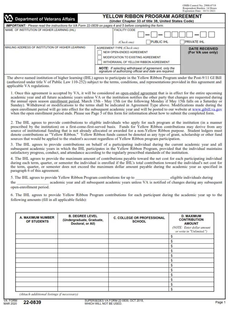 VA Form 22-0839 – Yellow Ribbon Program Agreement - VA Forms
