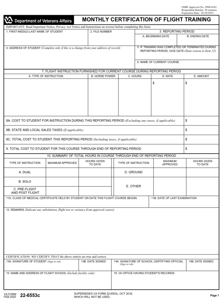 VA Form 22-6553c – Monthly Certification of Flight Training - VA Forms