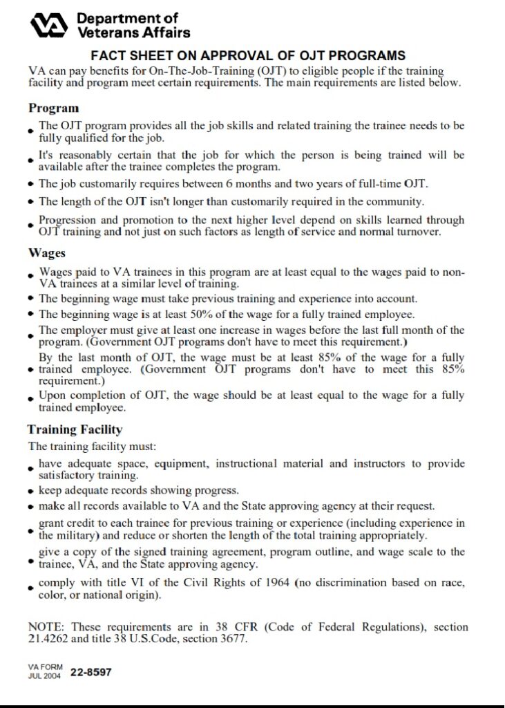 VA Form 22-8597 – Fact Sheet on Approval of OJT Programs - VA Forms