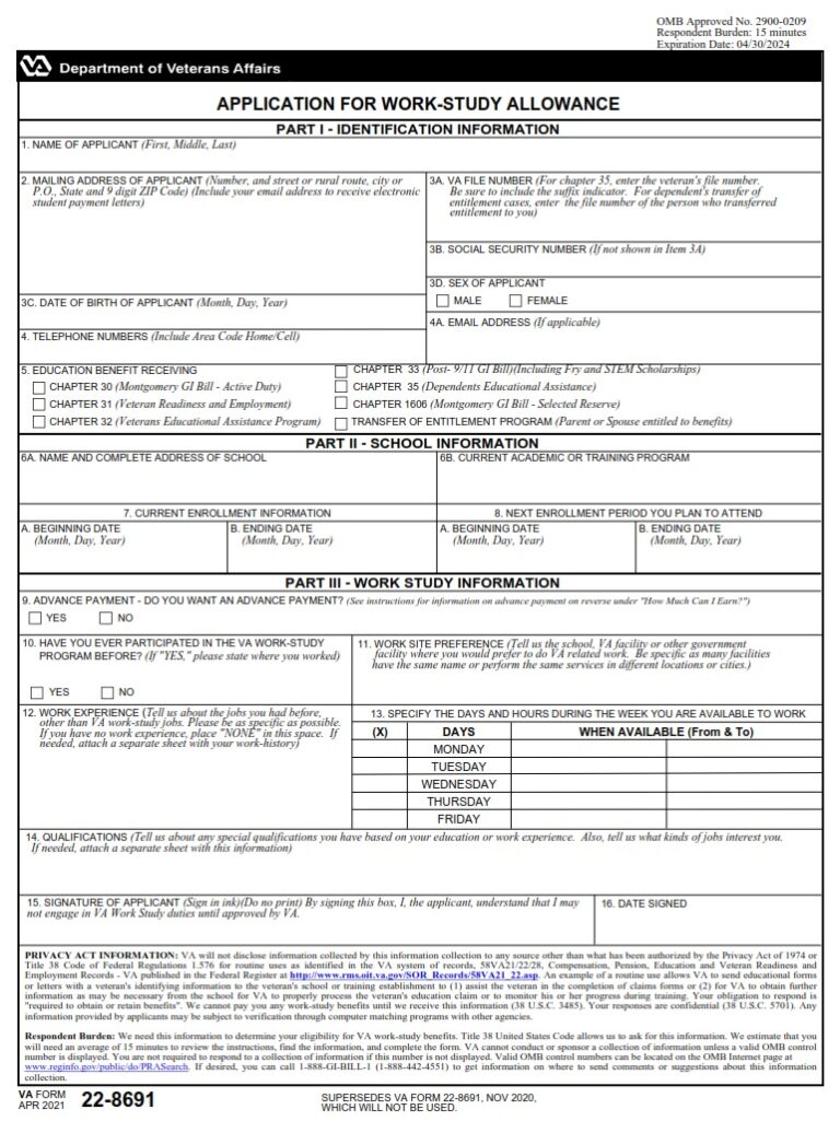 VA Form 22-8691 – Application for Work-Study Allowance - VA Forms