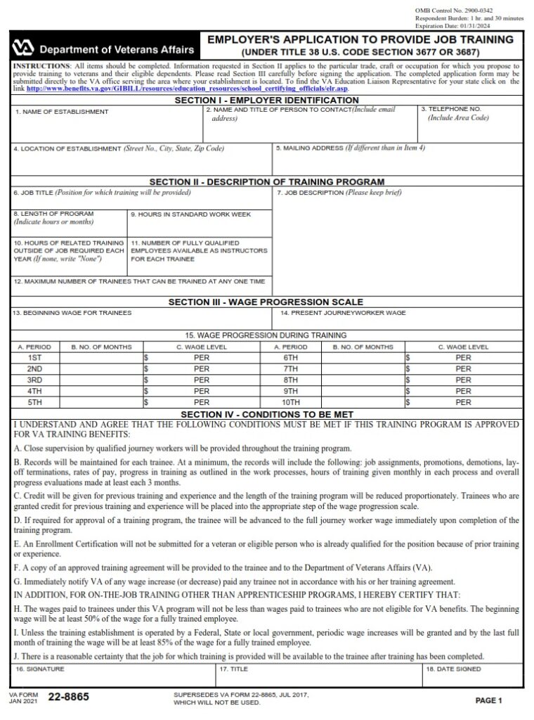 VA Form 22-8865 – Employer’s Application to Provide Job Training - VA Forms