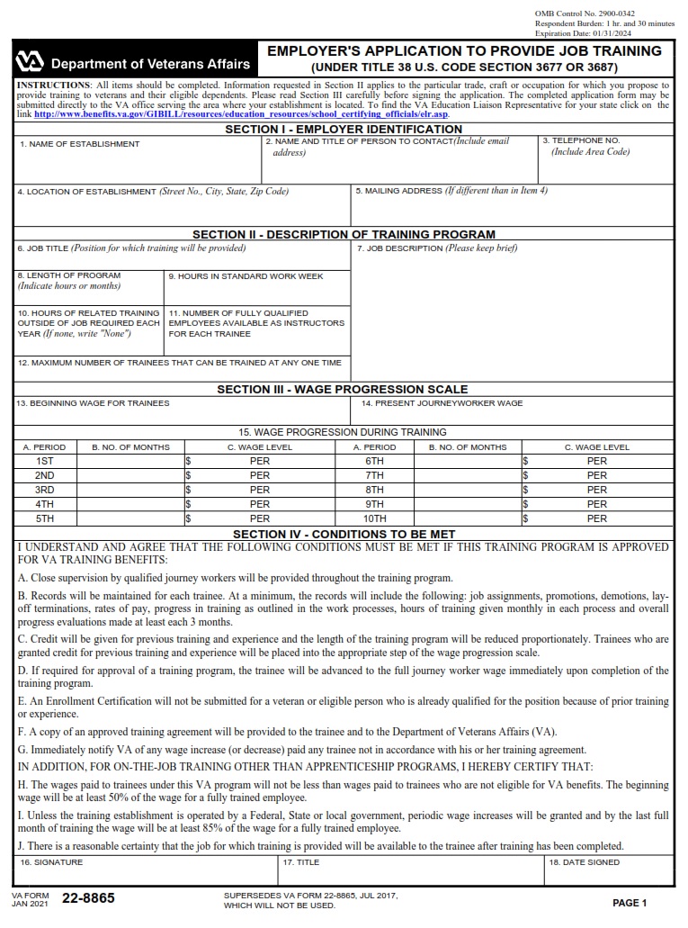 VA Form 22 8865 Employer s Application To Provide Job Training VA Forms