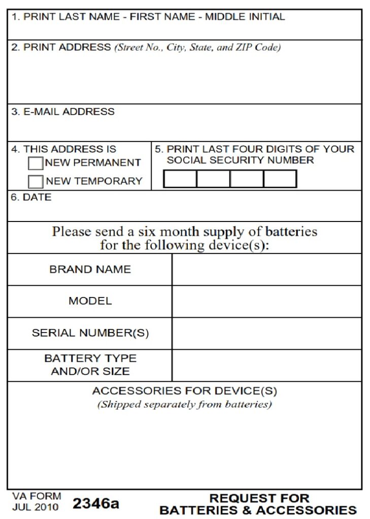 VA Form 2346a – Request for Batteries and Accessories - VA Forms
