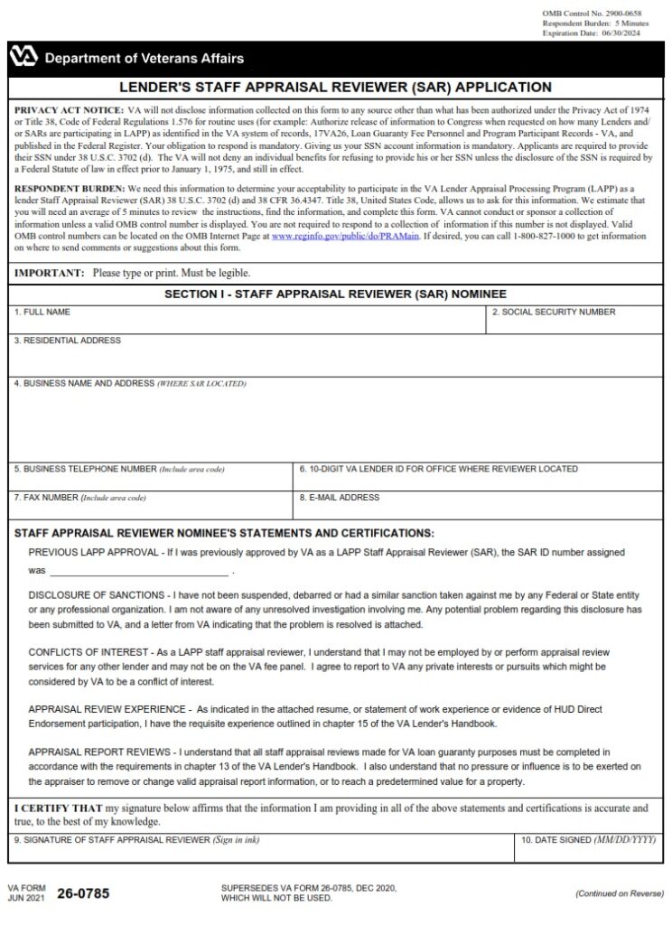 VA Form 26-0785 – Lender’s Staff Appraisal Reviewer (SAR) Application ...