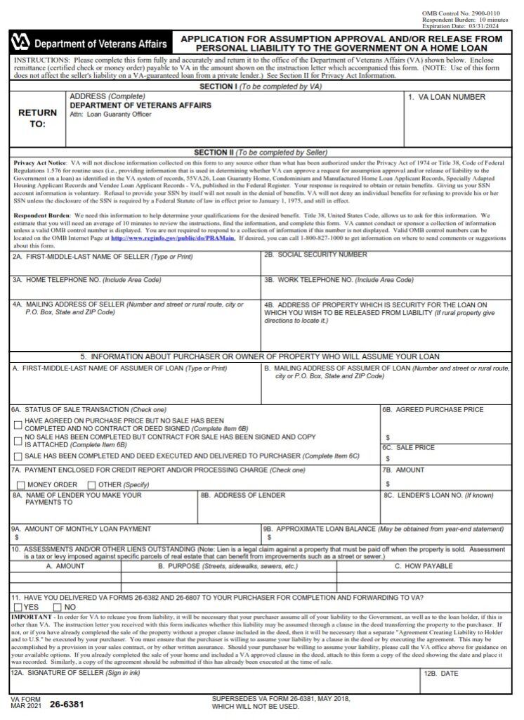 VA Form 26-6381 – Application for Assumption Approval and/or Release ...
