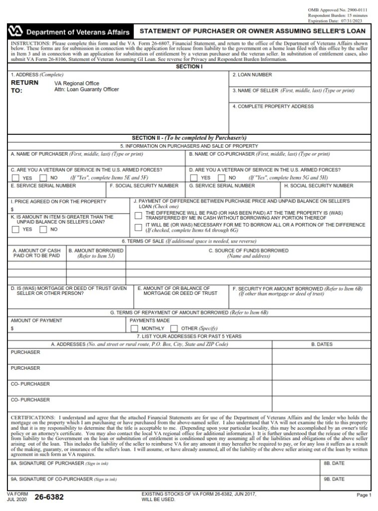 VA Form 26-6382 – Statement of Purchaser or Owner Assuming Seller’s ...