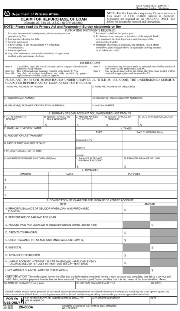 VA Form 26-8084 – Claim for Repurchase of Loan - VA Forms