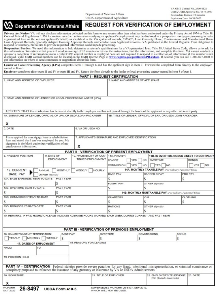 VA Form 26-8497 – Request for Verification of Employment - VA Forms