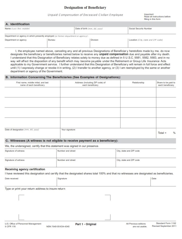 VA Form SF-1152 – Designation of Beneficiary—Unpaid Compensation of the ...