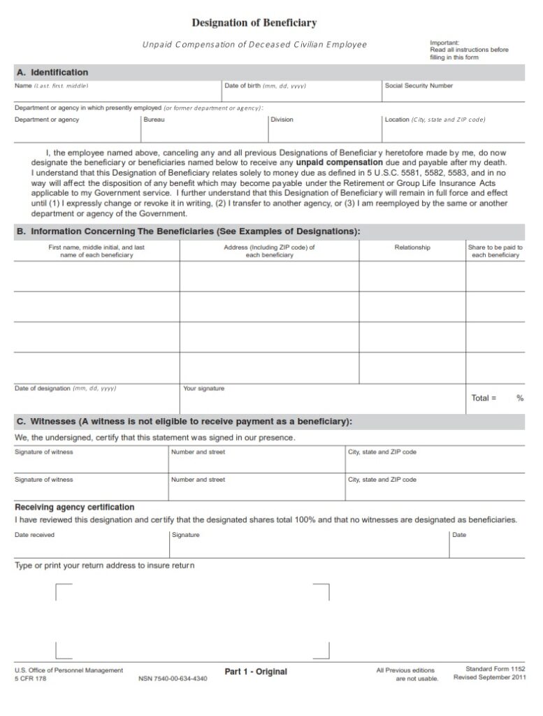 VA Form SF-1152 – Designation of Beneficiary—Unpaid Compensation of the ...