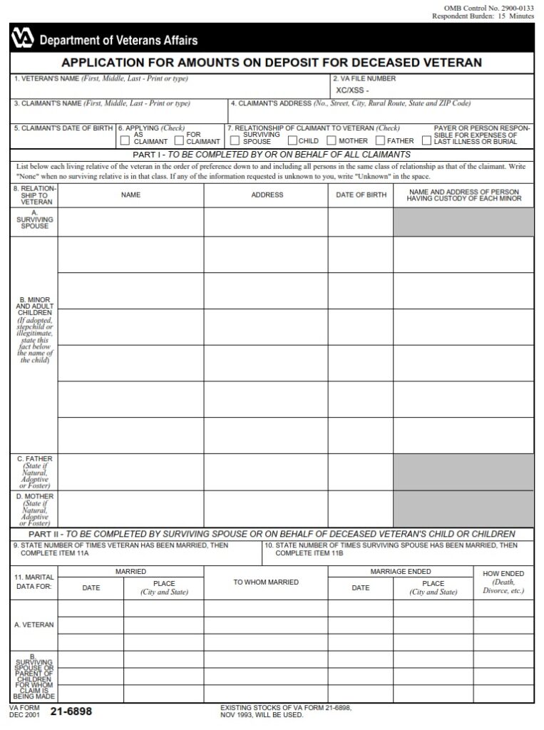 VA Form 21-6898 – Application for Amounts on Deposit for Deceased ...