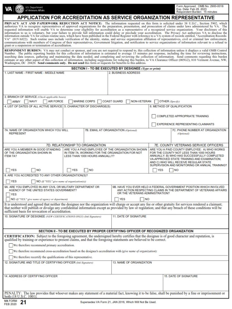 VA Form 21 – Application For Accreditation As Service Organization ...