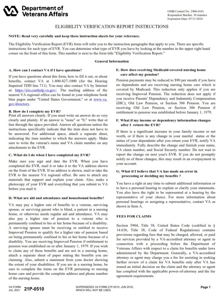 VA Form 21P-0510 – Eligibility Verification Report Instructions - VA Forms