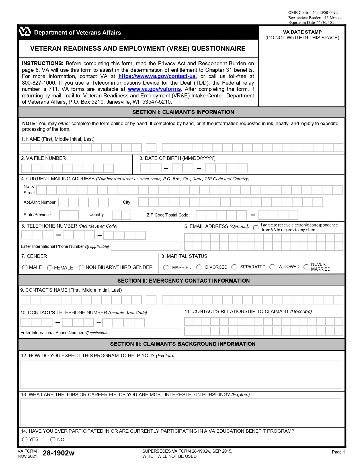 VA Form 28 1902W Veteran Readiness And Employment VR E VA Form 28 1902W Veteran Readiness And Employment VR E