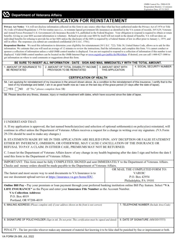 VA Form 29-389 – Notice of Lapse and Application for Reinstatement - VA ...