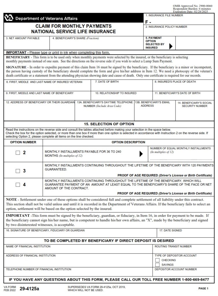 VA Form 29-4125a – Claim for Monthly Payments – National Service Life ...