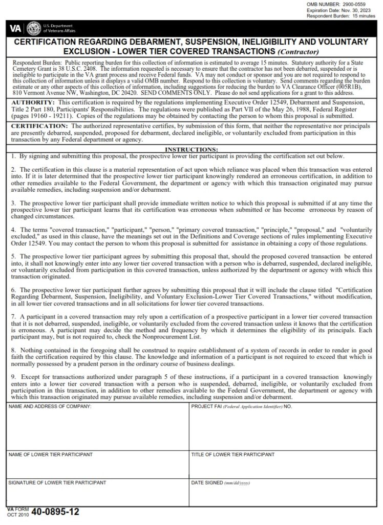VA Form 40-0895-12 – Certification Regarding Debarment, Suspension ...
