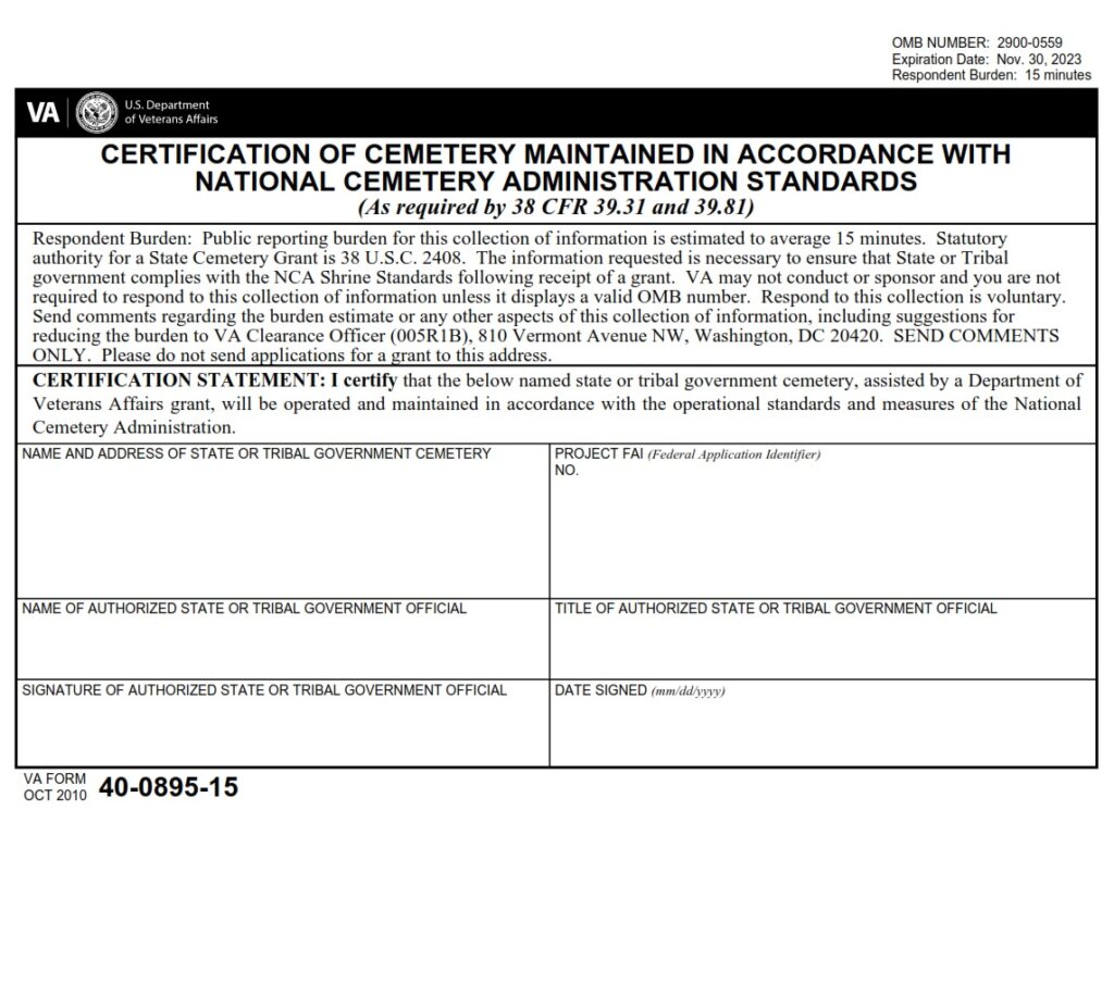 VA Form 40-0895-15 – Certification of Cemetery Maintained in Accordance ...