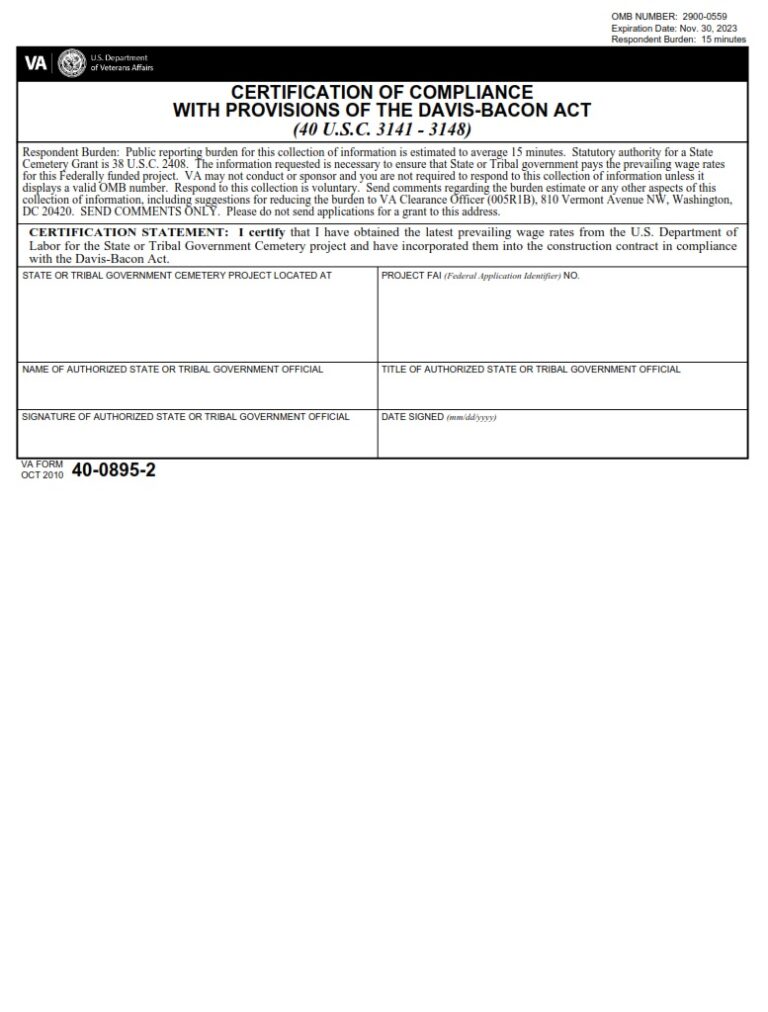 VA Form 40-0895-2 – Certification of Compliance with Provisions of the ...