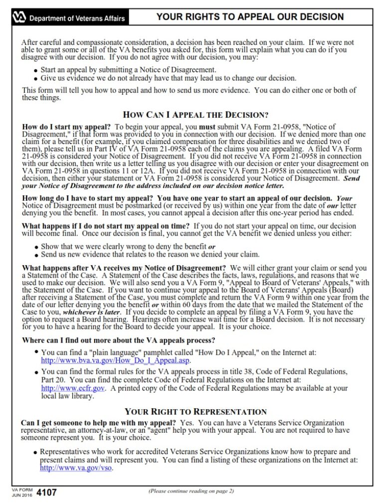 VA Form 4107 – Your Rights to Appeal Our Decision - VA Forms