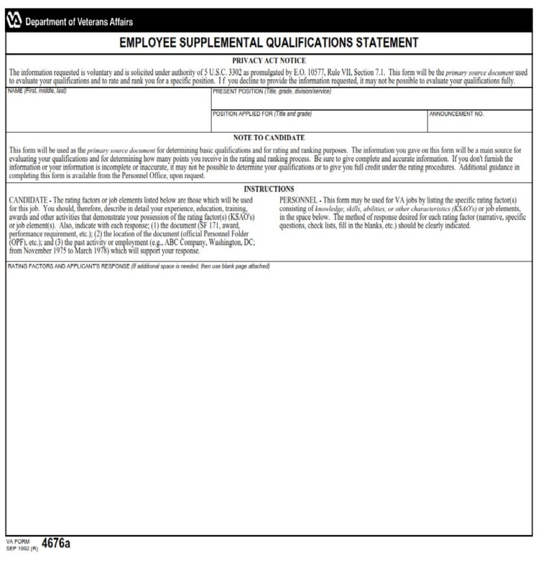 VA Form 4676a – Employee Supplemental Qualifications Statement - VA Forms