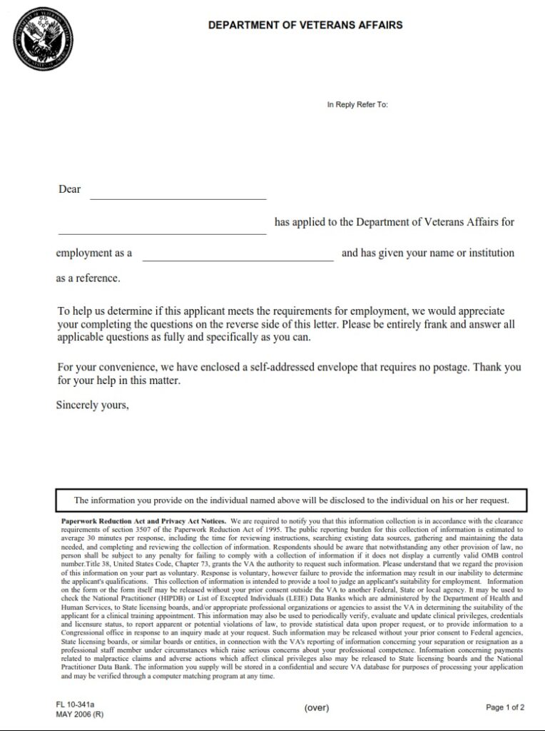 VA Form FL-10-341a – Employment Reference for Title 38 Employee - VA Forms
