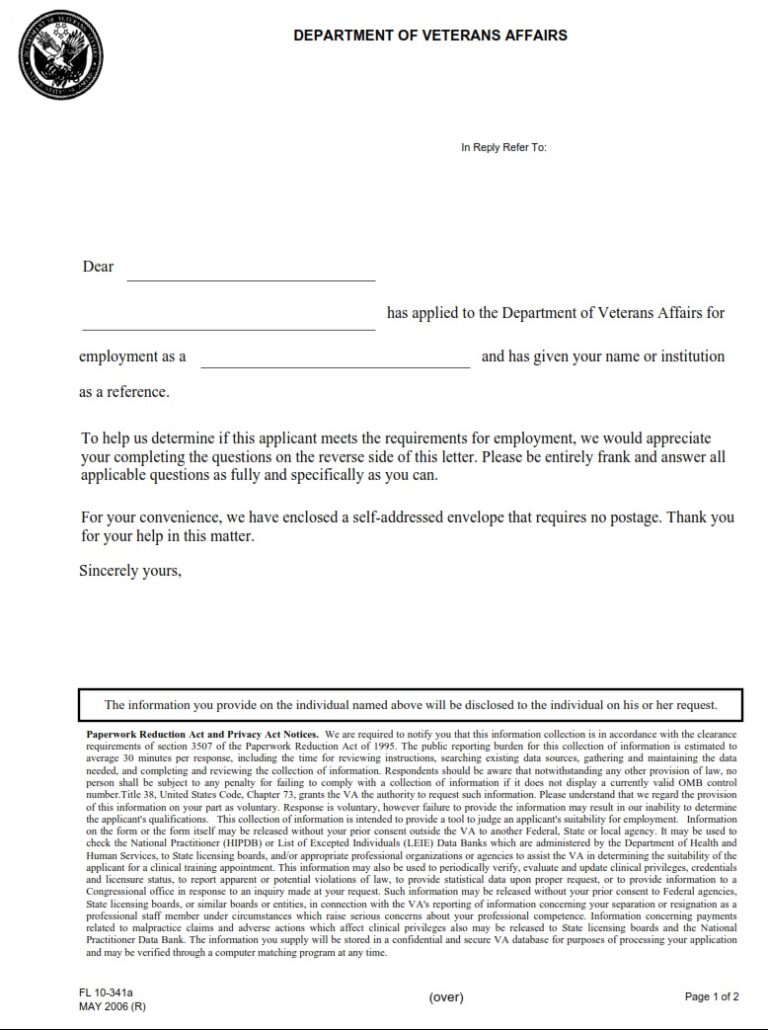 VA Form FL-10-341a – Employment Reference for Title 38 Employee - VA Forms