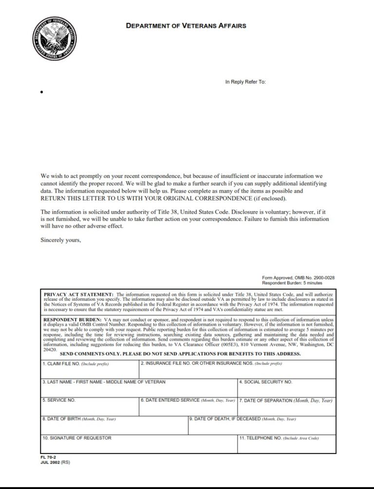 VA Form FL70-2 – Request to Correspondent for Identifying Information ...