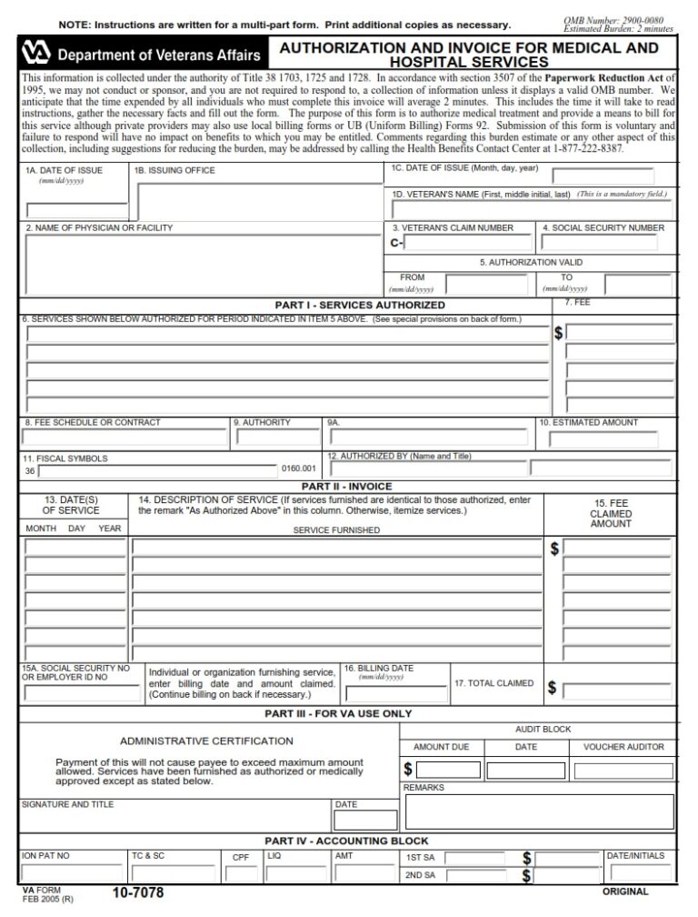 VA Form 10-7078 – Authorization and Invoice for Medical and Hospital ...