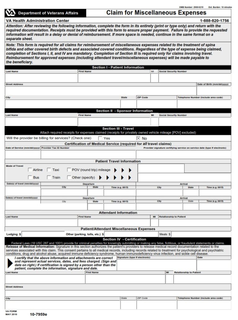 VA Form 10-7959E – Claim for Miscellaneous Expenses - VA Forms