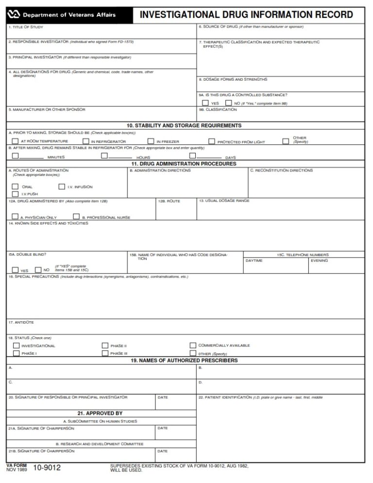 VA Form 10-9012 – Investigational Drug Information Record - VA Forms