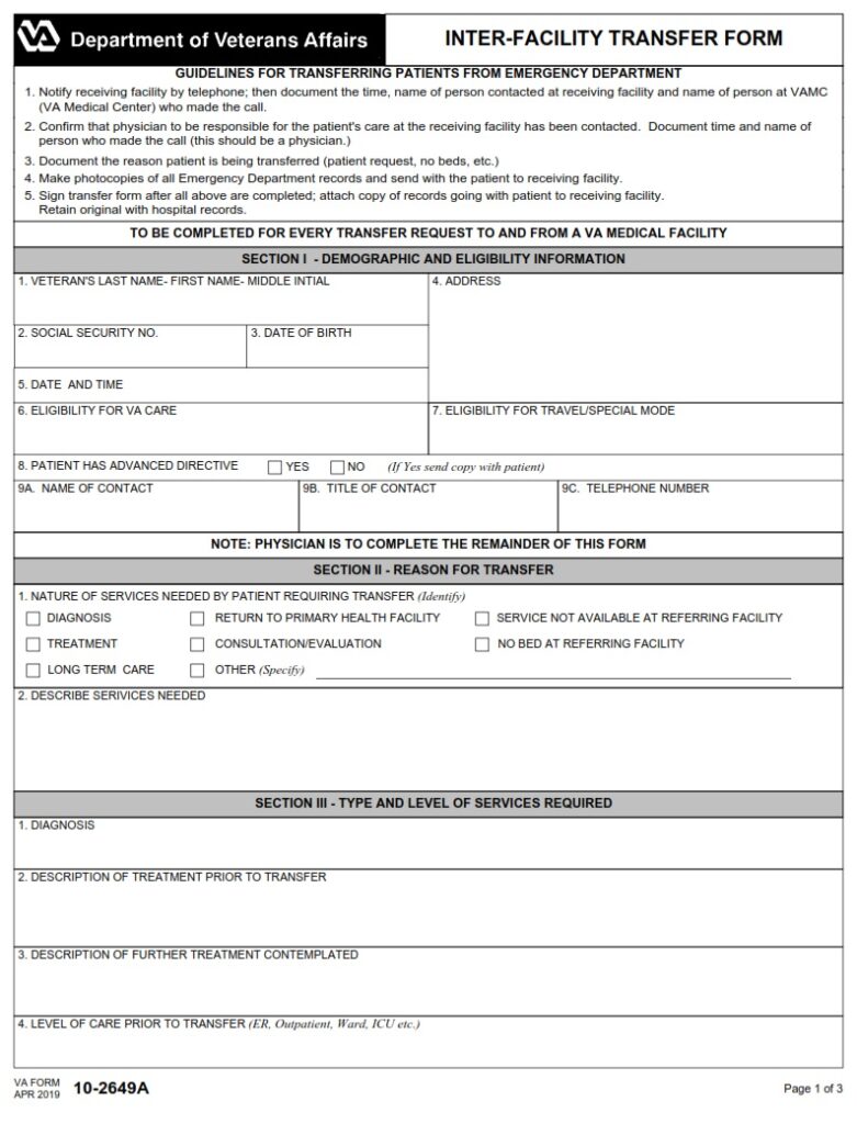 VA Form 10-2649A – Interfacility Transfer Form - VA Forms