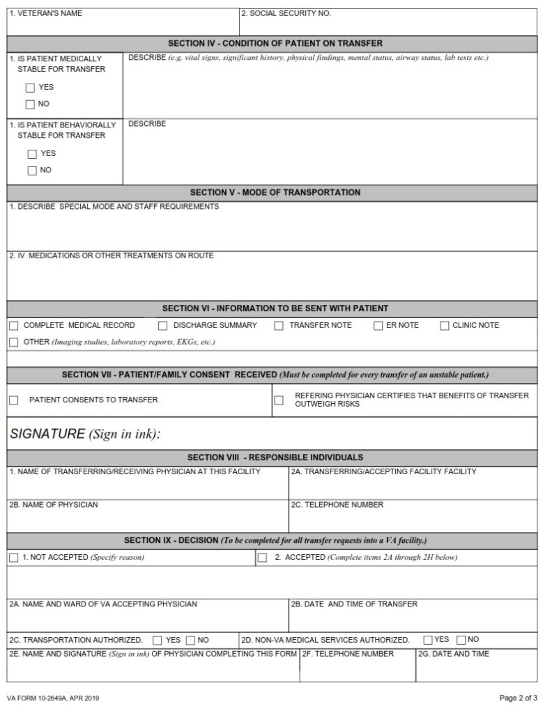 VA Form 10-2649A – Interfacility Transfer Form - VA Forms