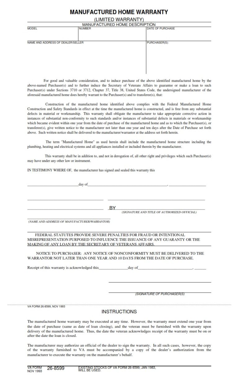 VA Form 26-8599 – Manufactured Home Warranty - VA Forms