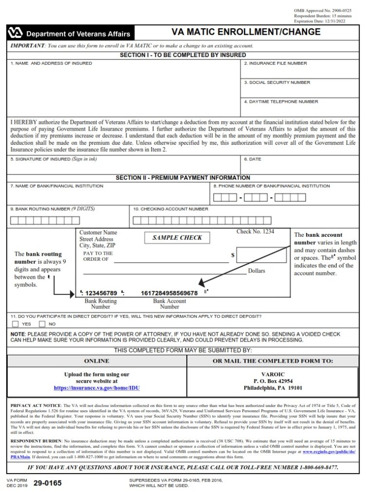 VA Form 29-0165 – VA Matic Enrollment/Change - VA Forms